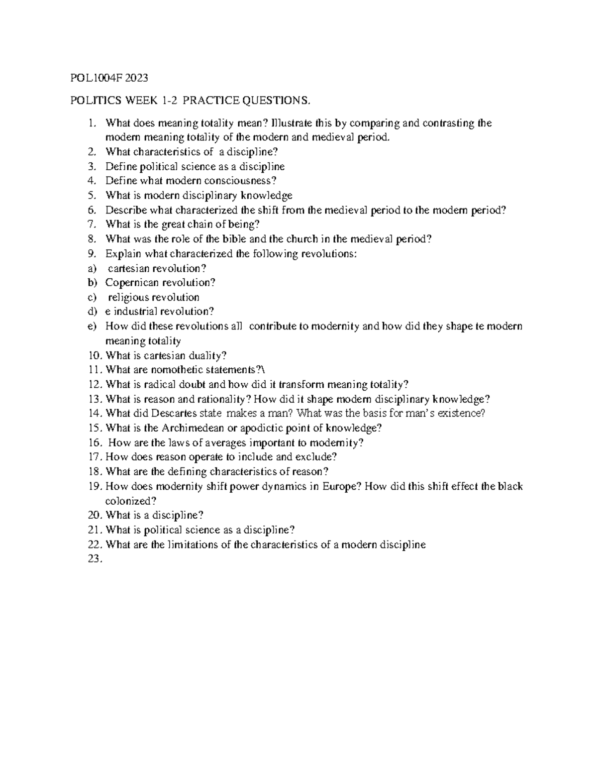 week 1-2 practice questions - POL1004F 2023 POLITICS WEEK 1-2 PRACTICE ...