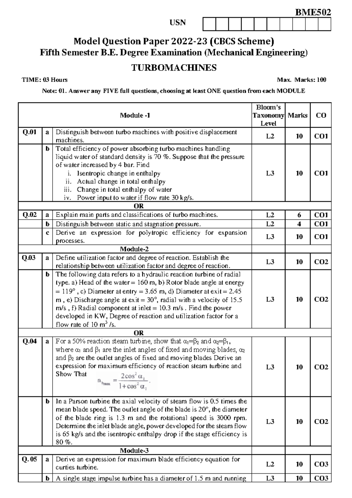 BME502 - Model Question Paper on Turbomachines for 5th Sem Exam - Studocu