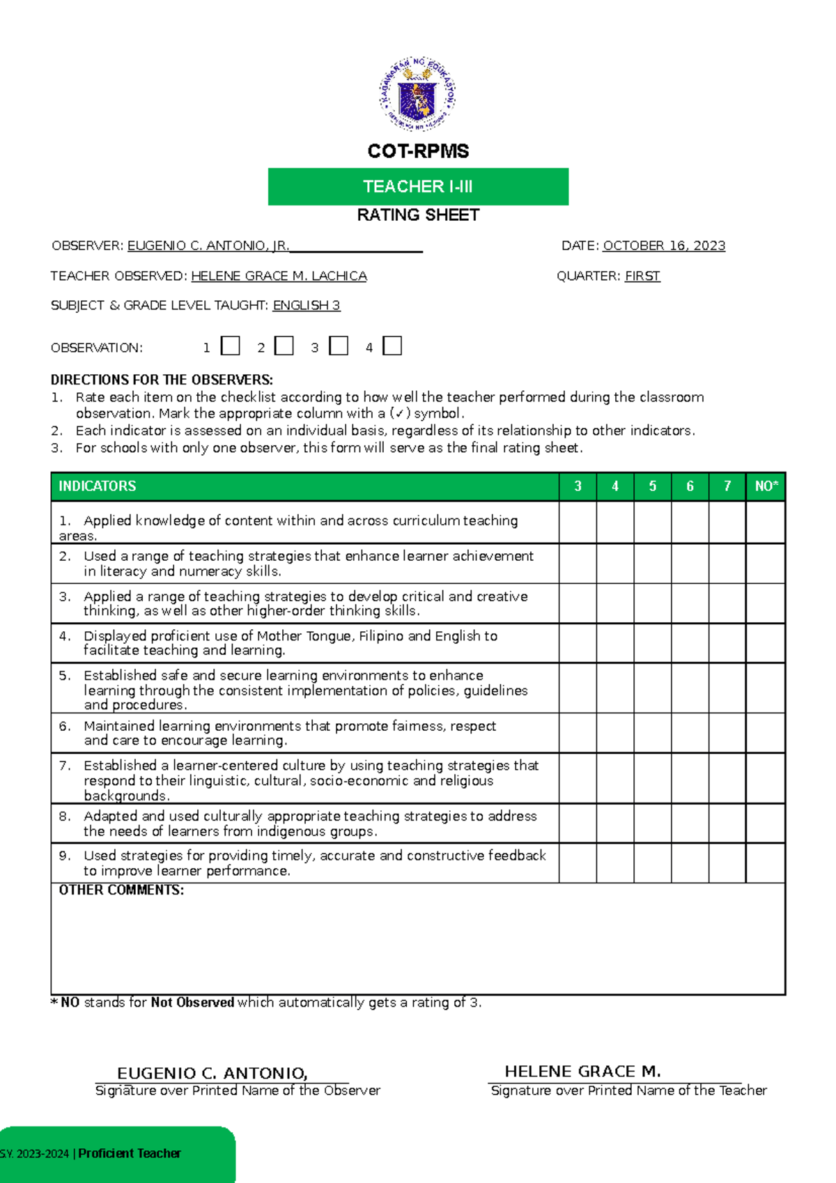 [COT-RPMS] T I-III Rating Sheet for Helene Grace M. Lachica SY 2023 ...