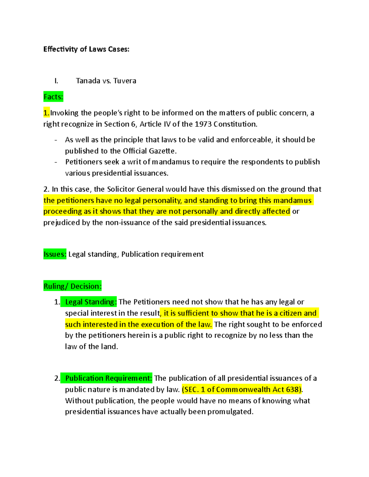 Cases Digest on the Effectivity of Laws: Insights and Rulings - Studocu
