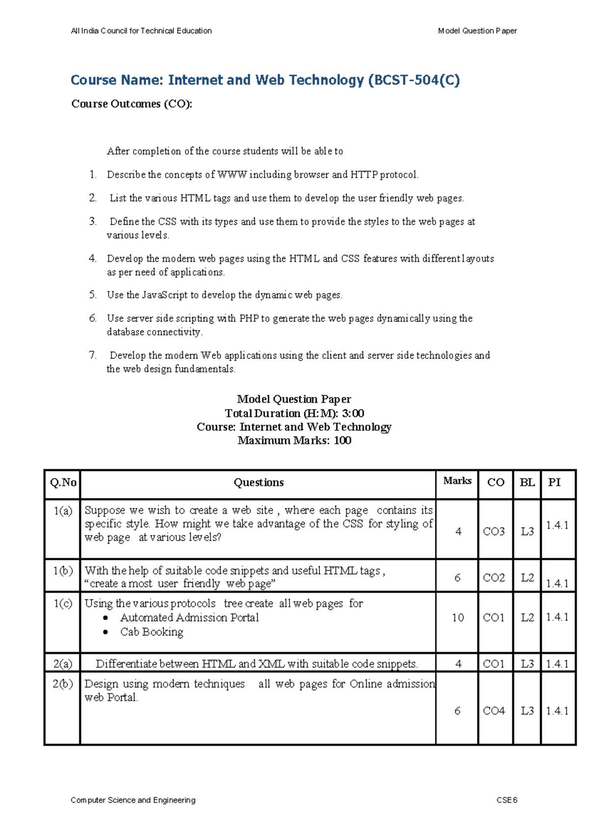 Model Question Paper: Internet and Web Technology (CSE6) - Studocu