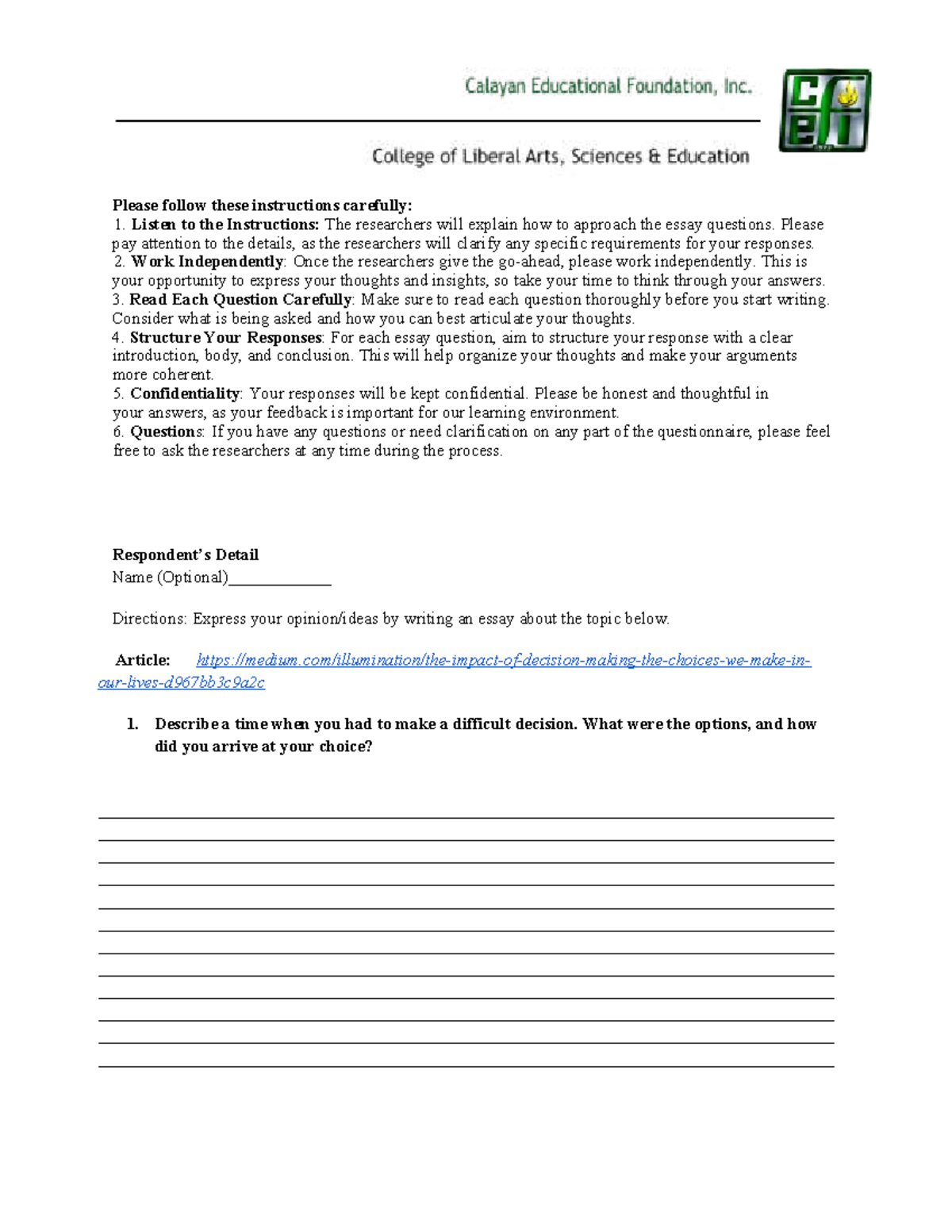 Essay Instructions for Question 6 - Difficult Decision Making - Studocu