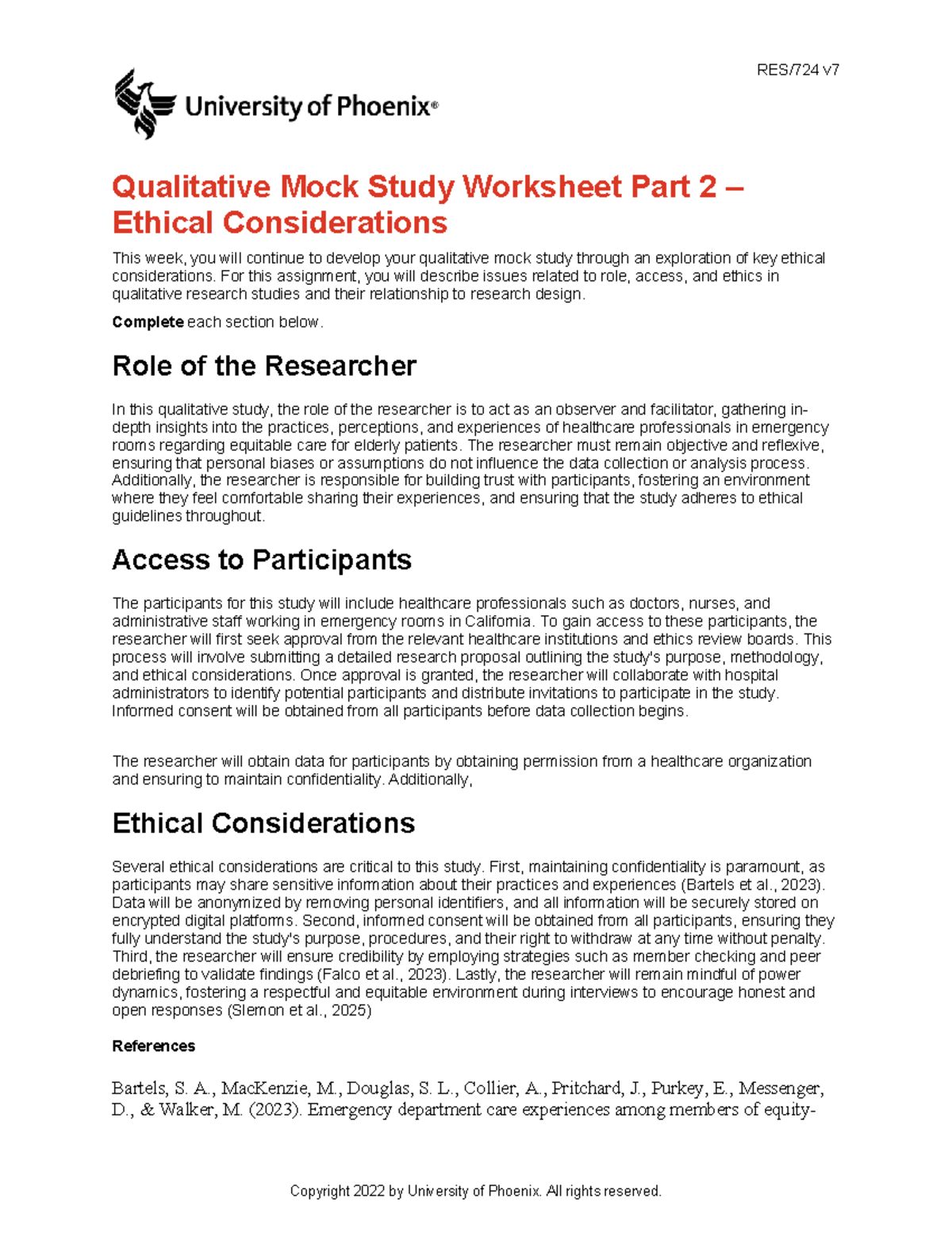 RES/724 v7 WK5 Qualitative Mock Study Worksheet Part 2: Ethics Focus ...