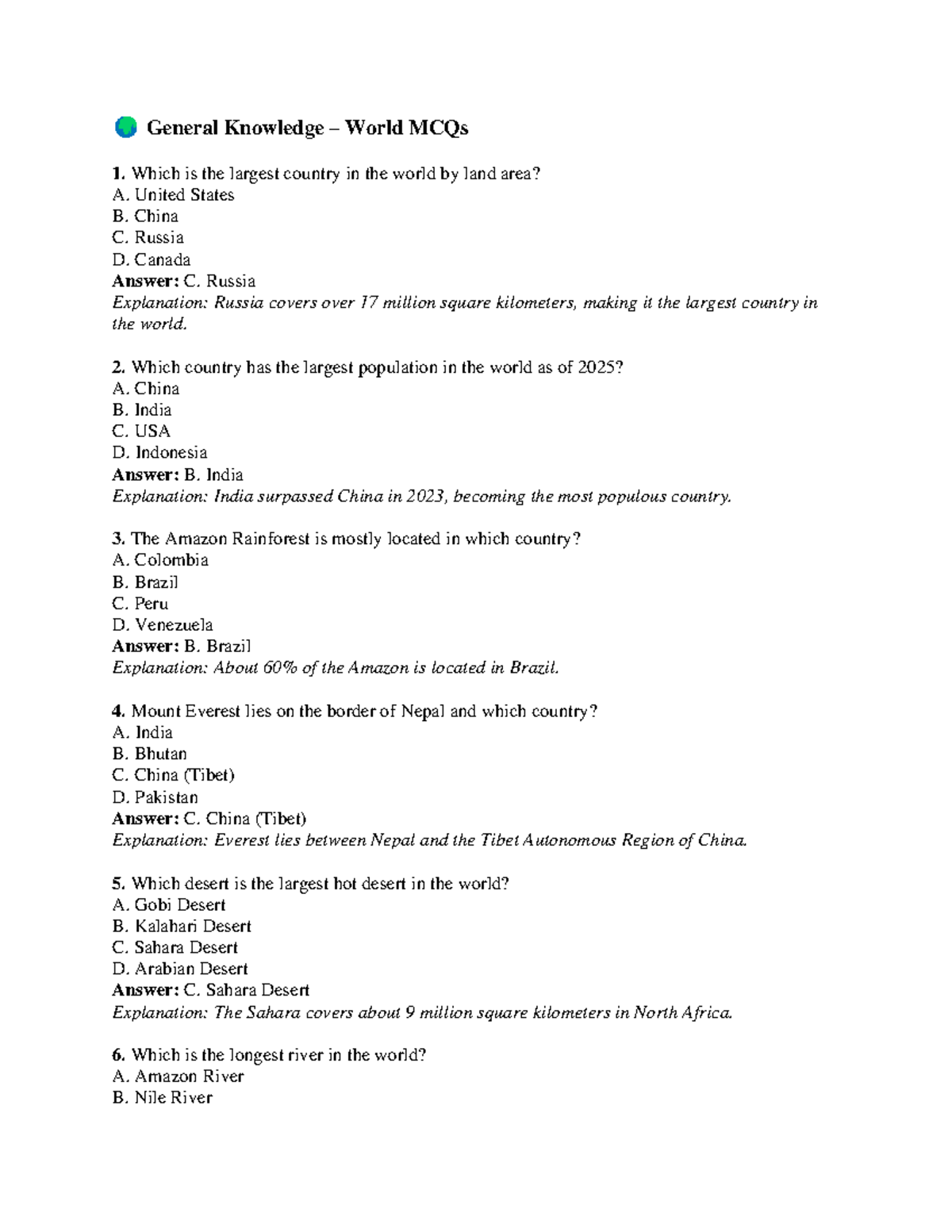 General Knowledge MCQs: World Facts & Trivia - Studocu