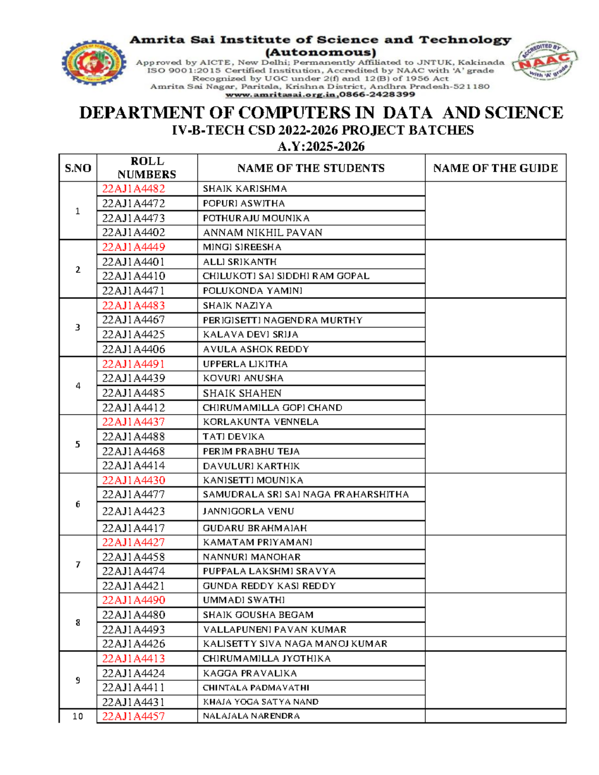 IV B-TECH CSD Project Batches - Student Roll Numbers and Names - Studocu