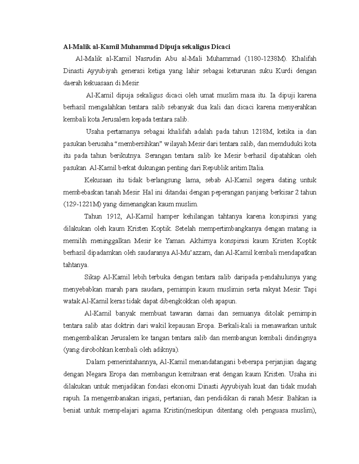 Kajian Sejarah: Al-Malik al-Kamil Muhammad dan Dinasti Ayyubiyah - Studocu