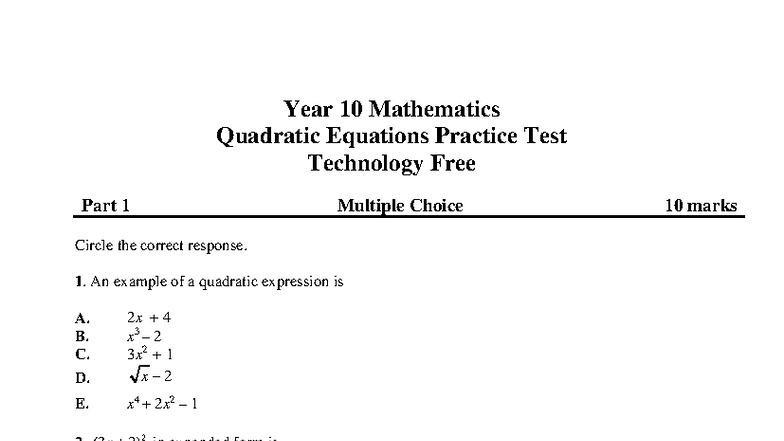 Quad Eqn Practice-Test-routinehnbfsfbseaf - Year 10 Mathematics ...