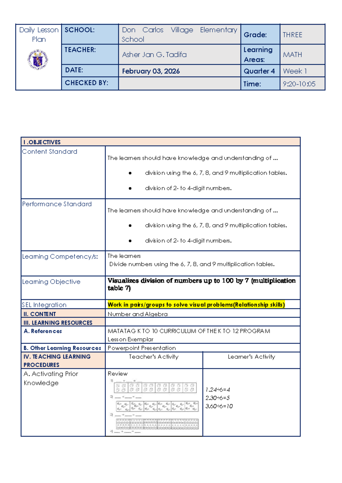 MATH 3 Q4 W1 - Division Lesson Exemplar by Don Carlos School - Studocu