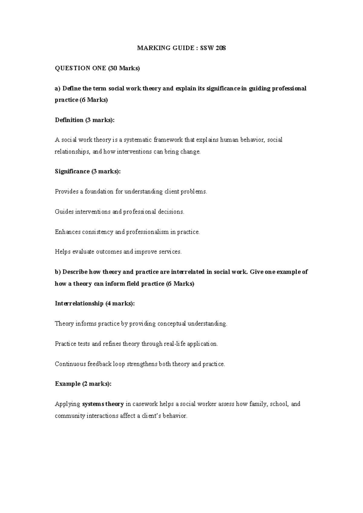 Marking Guide: SSW 208 - Social Work Theories Overview - Studocu