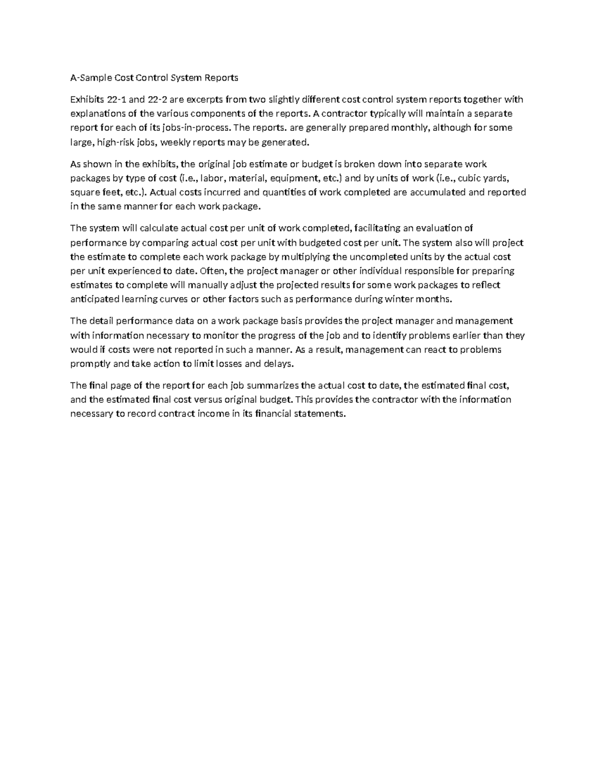 Sample Cost Control System Reports: Key Components & Analysis - Studocu