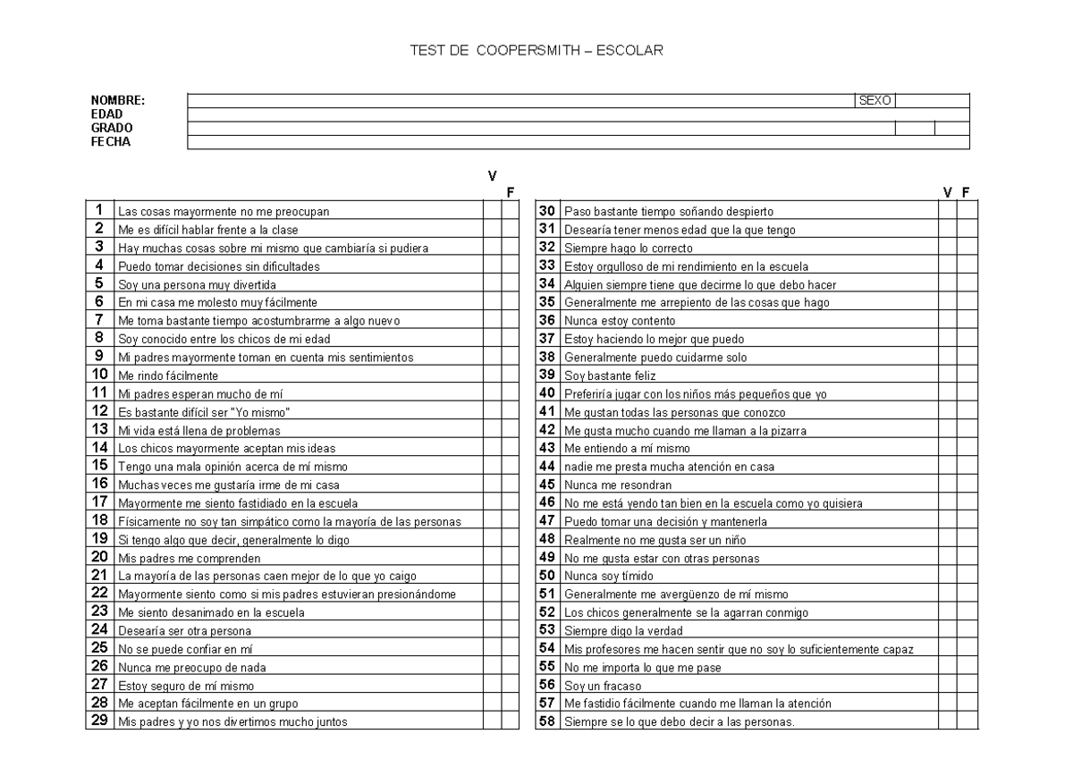 TEST DE COOPERSMITH – ESCOLAR: Cuadernillo de Preguntas y Respuestas ...
