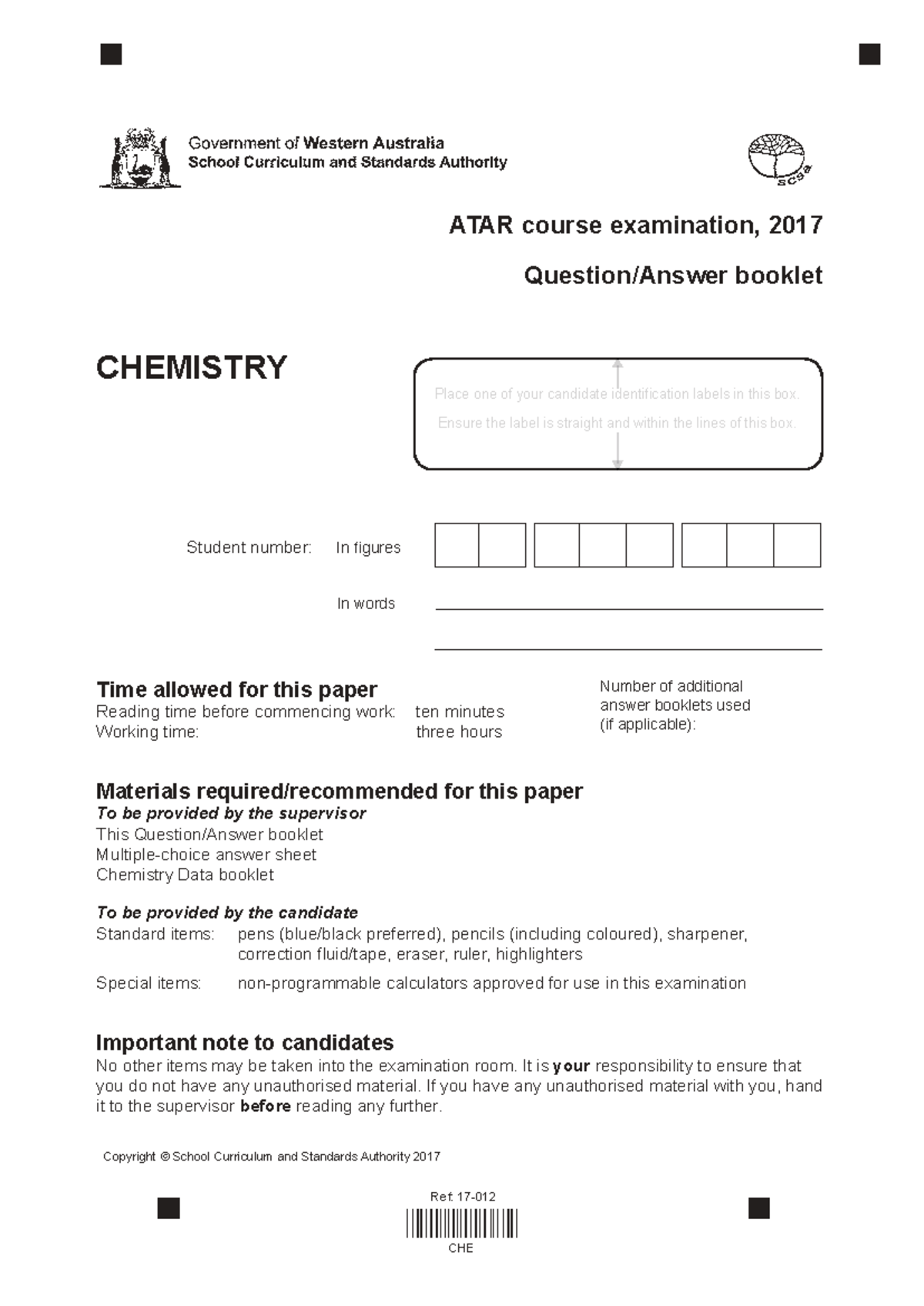 Chemistry Examination 2017: ATAR Course Paper Overview and Instructions ...