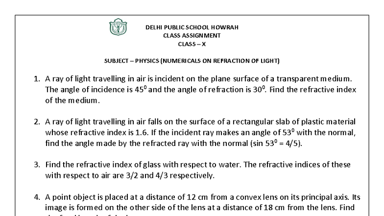 Class X Physics Assignment: Numericals on Refraction of Light - Studocu