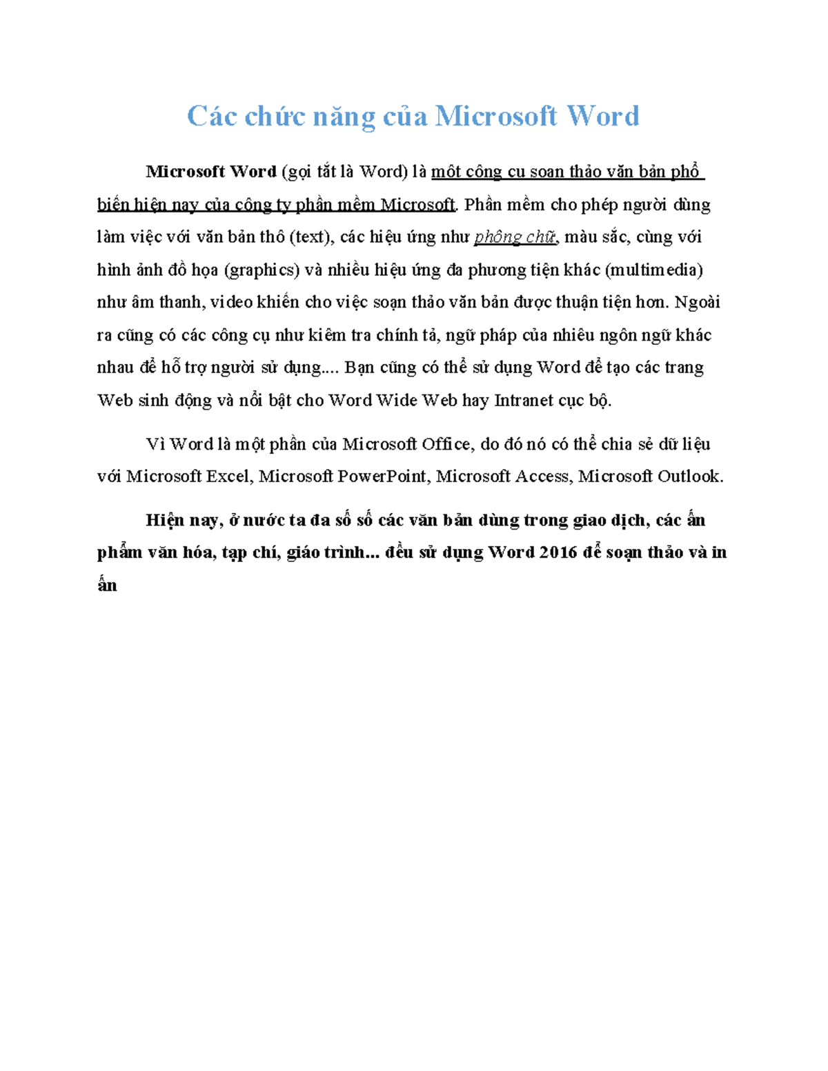 Các chức năng chính của Microsoft Word 2016 - UDCNTT 1.1 - Studocu