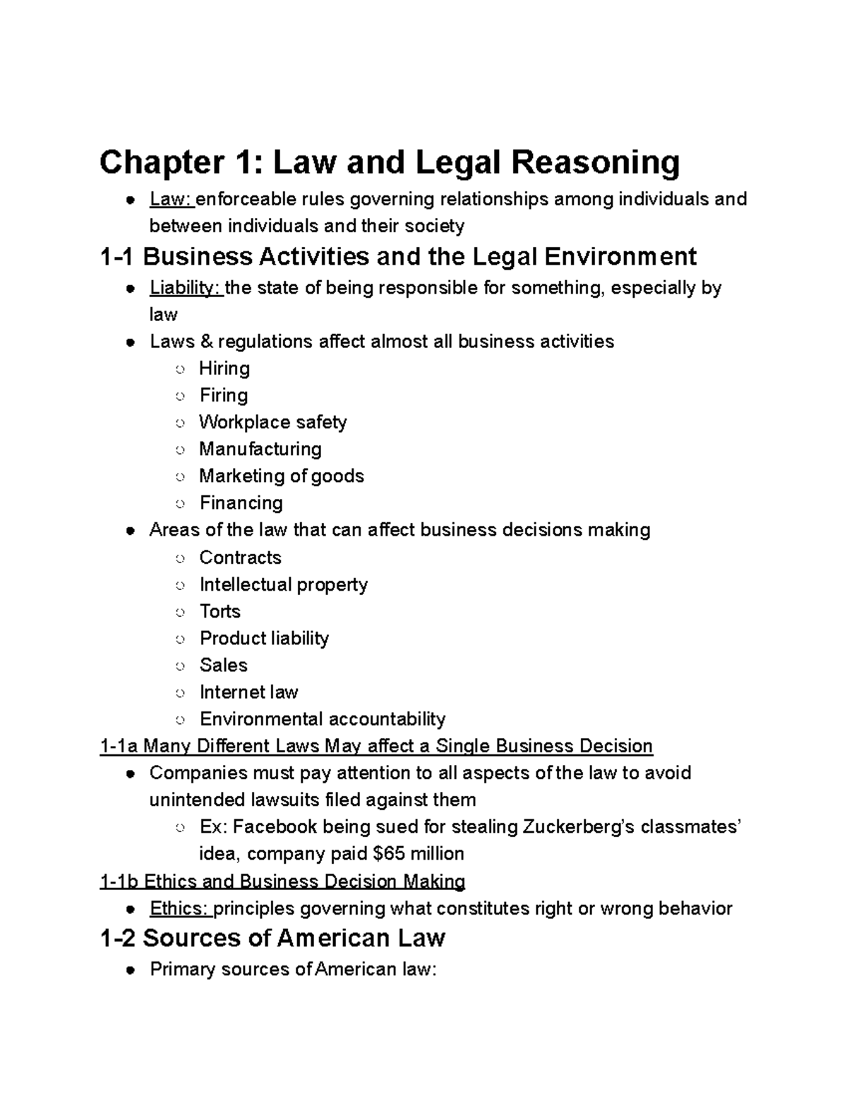 Chapter 1 Law and Legal Reasoning Notes - Chapter 1: Law and Legal ...