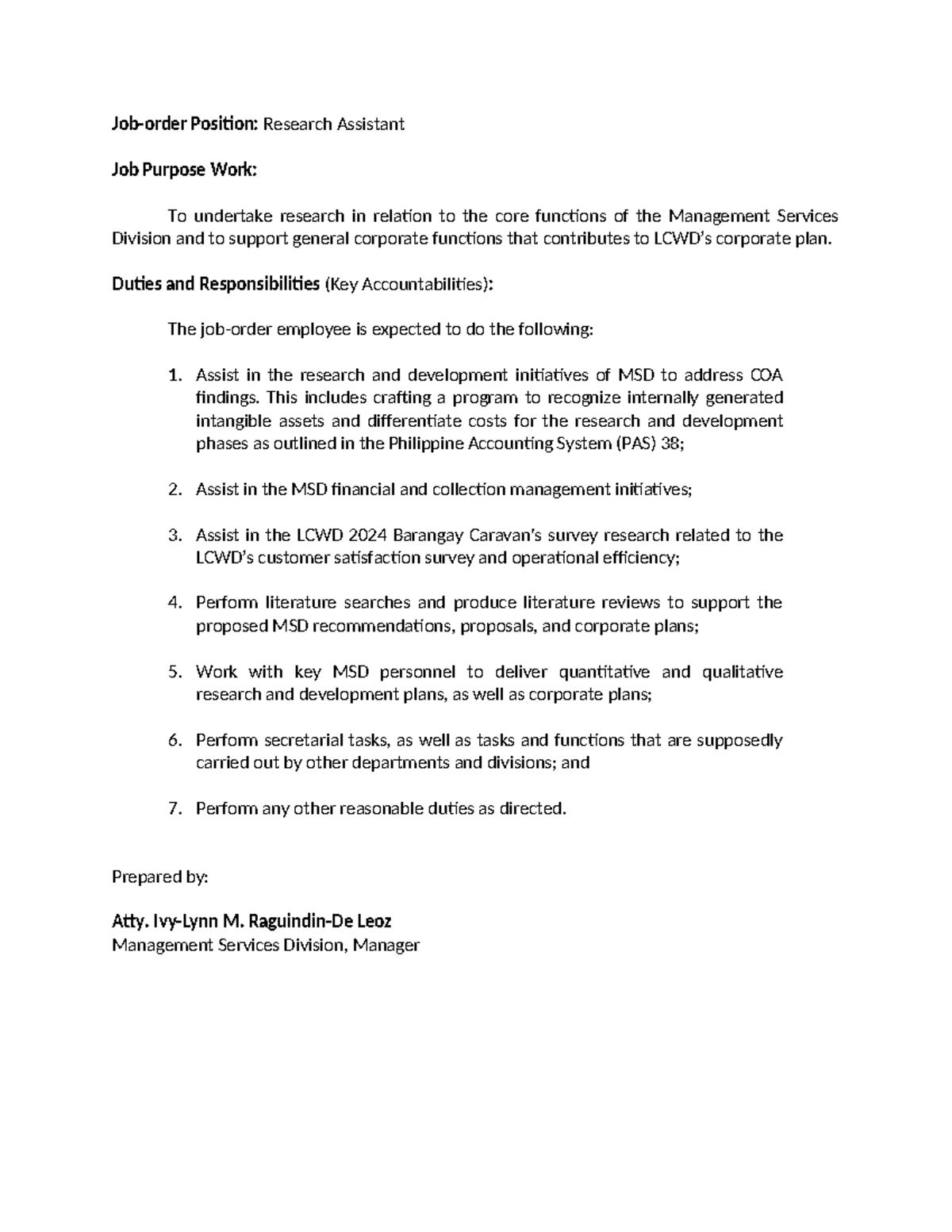 Job Description: Research Assistant (Management Services Division ...