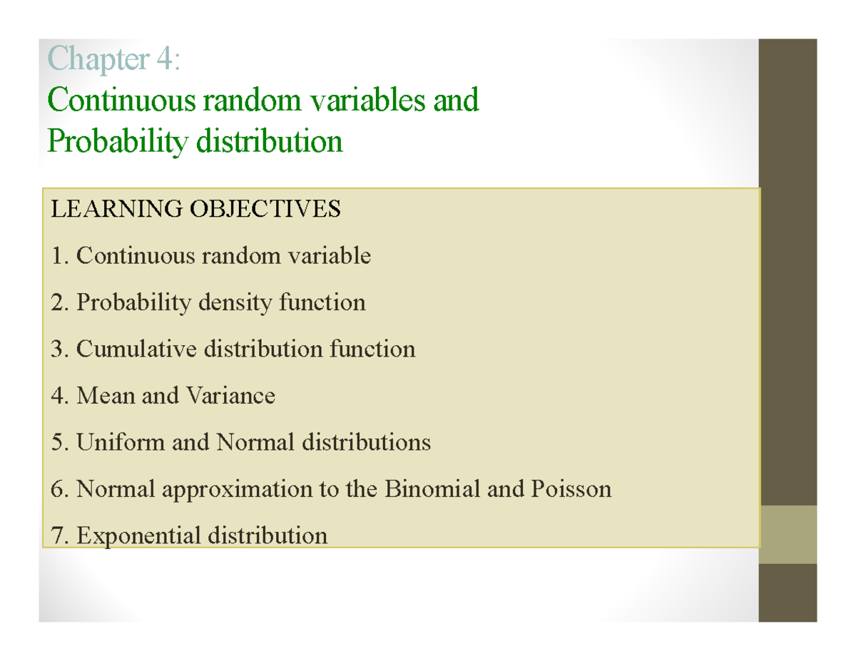 Slide-Chap4-Fall2023 - Chapter 4: Continuous random variables and Probability distribution ...