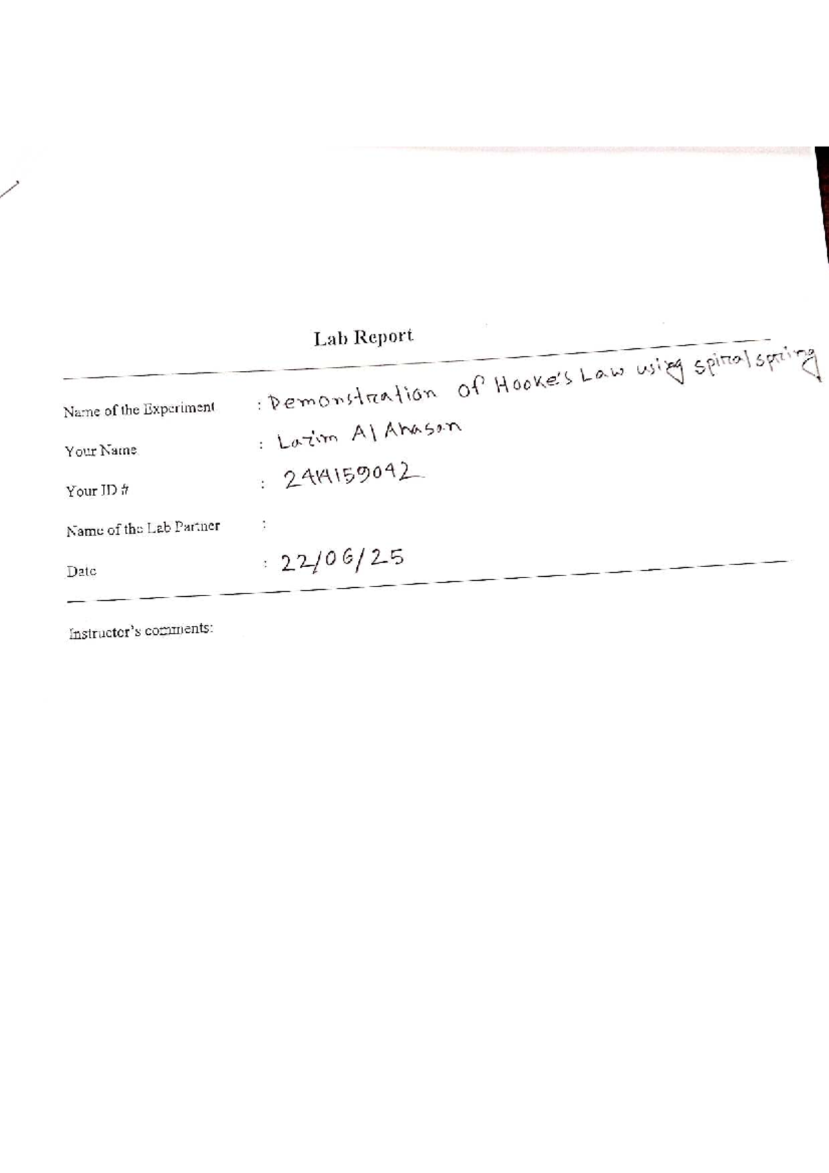 Lab Report: Demonstration of Hooke's Law Using Spiral Spring (PHYS 101 ...