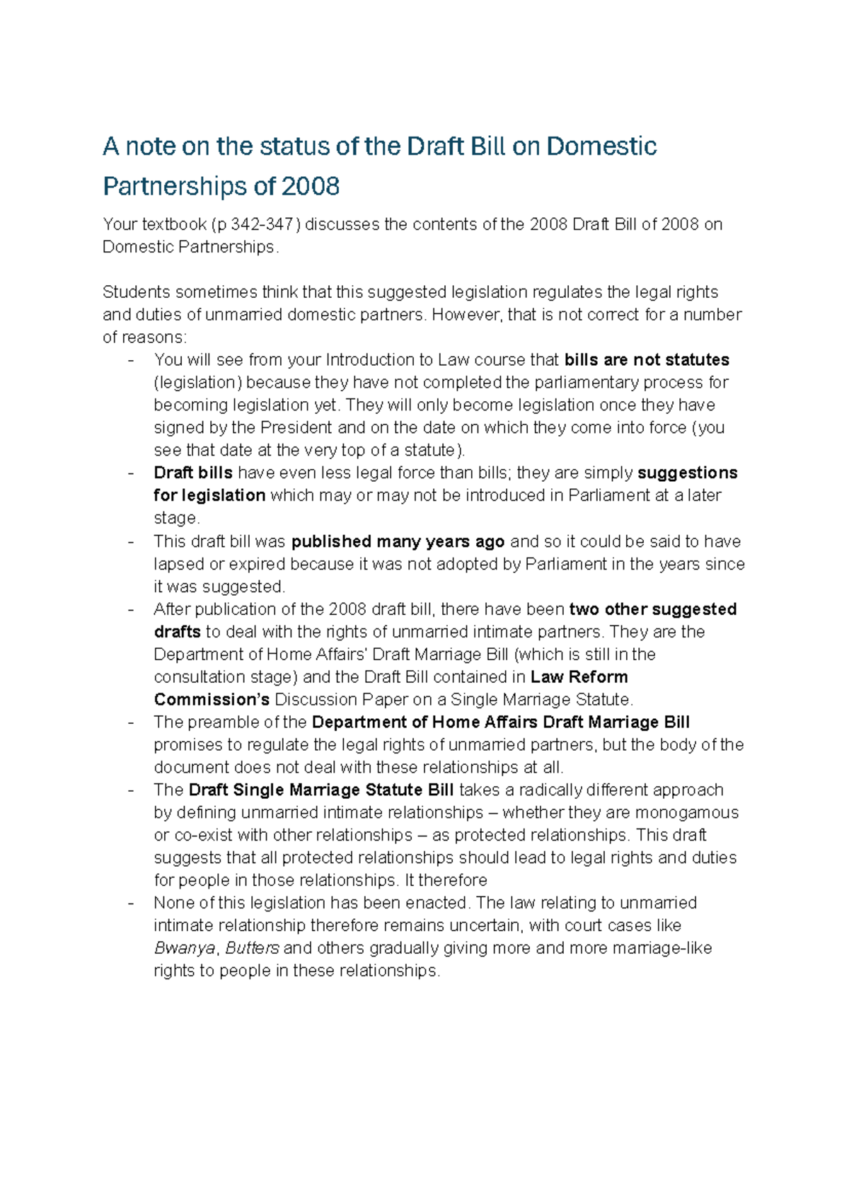 Analysis of the 2008 Draft Bill on Domestic Partnerships - Studocu