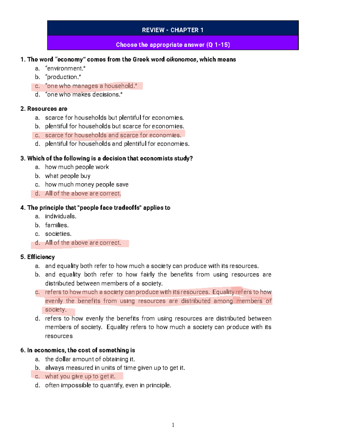 Microeconomics Review: Chapter 1 Quiz Answers - Studocu