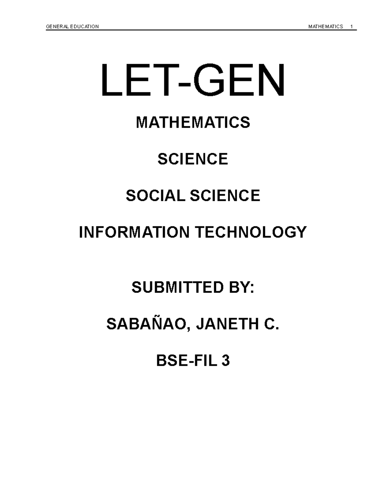 (LET-GEN, MATH, Science, Social Science) - GENERAL EDUCATION ...