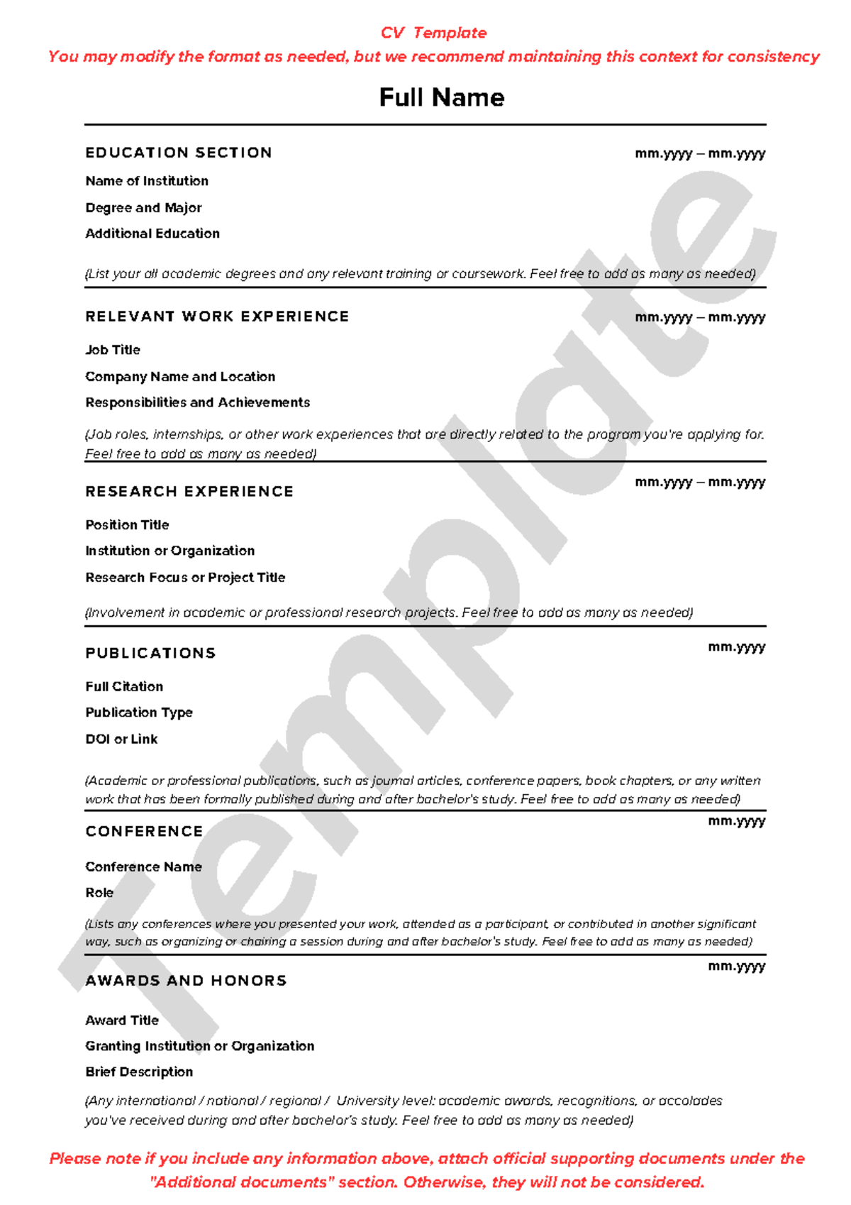 CV Template - Template (List your all academic degrees and any relevant ...
