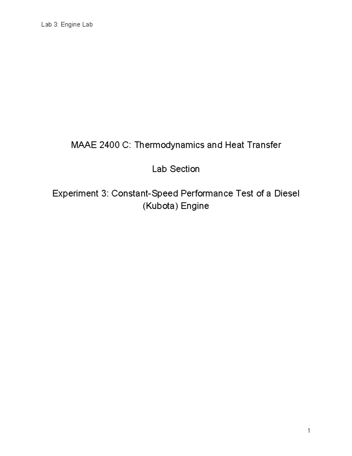Lab 3: Diesel Engine Performance Test MAAE 2400 Thermodynamics Lab ...