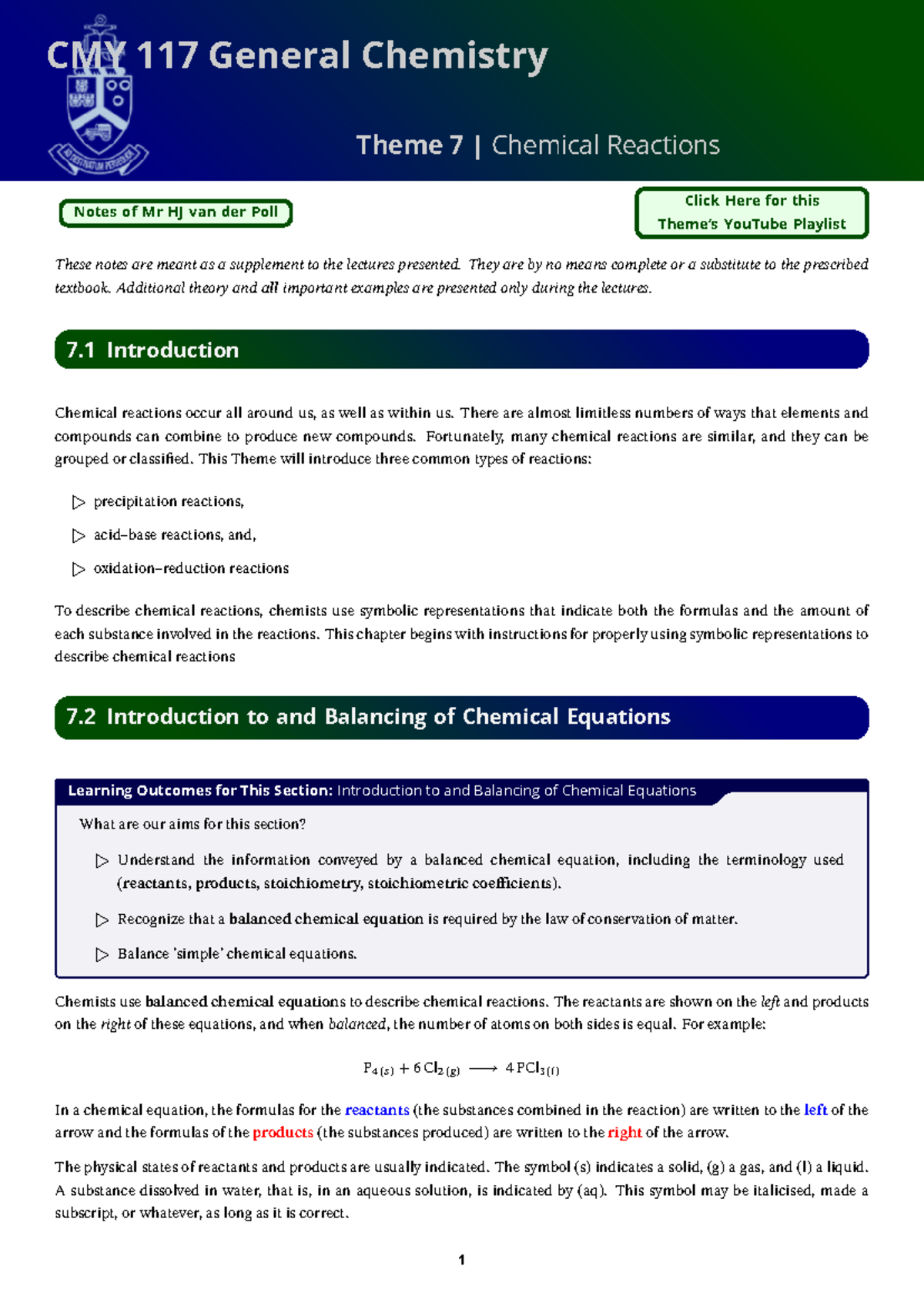 CMY 117 Theme 7: Chemical Reactions and Balancing Equations Notes - Studocu
