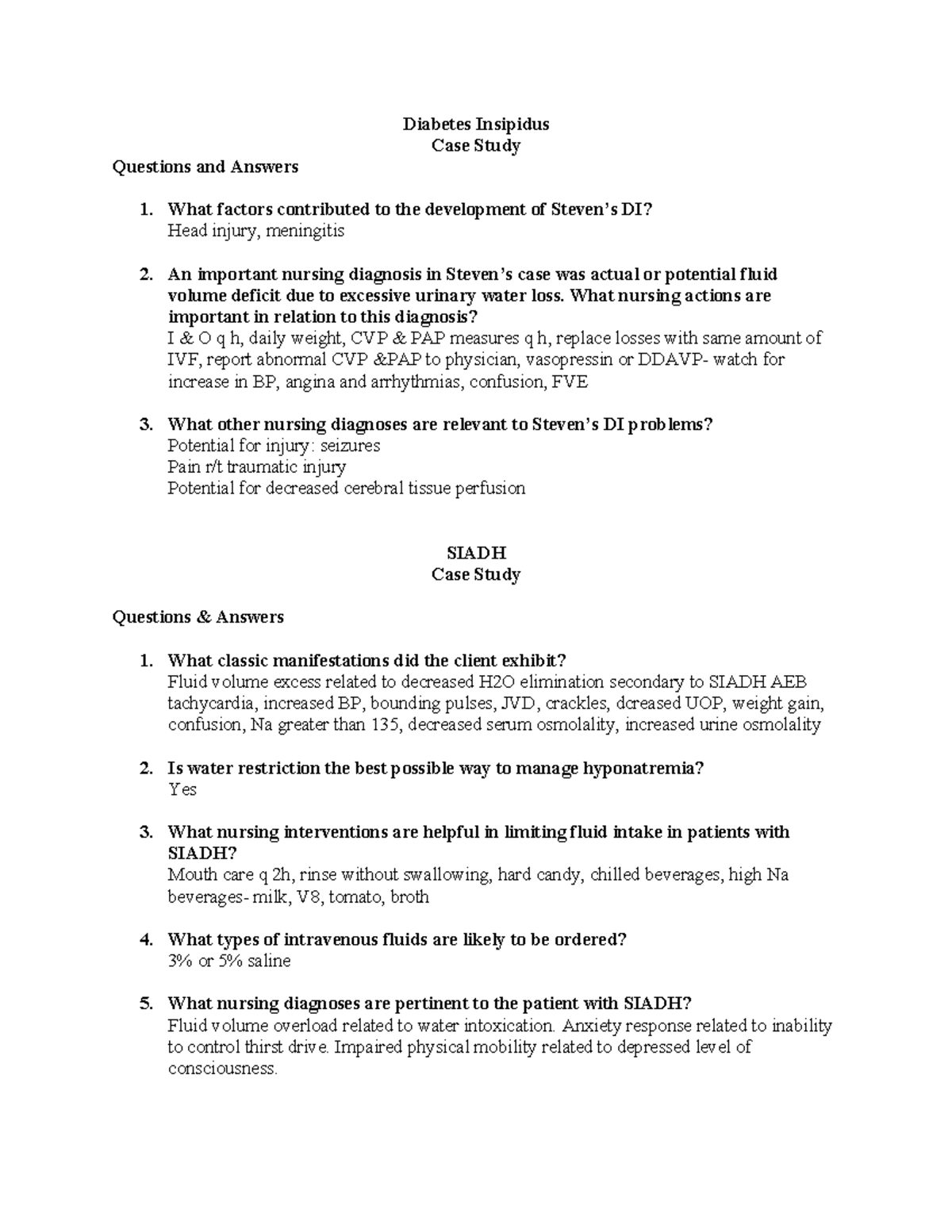 DI & SIADH Case Study Q&A: Nursing Interventions & Diagnoses - Studocu