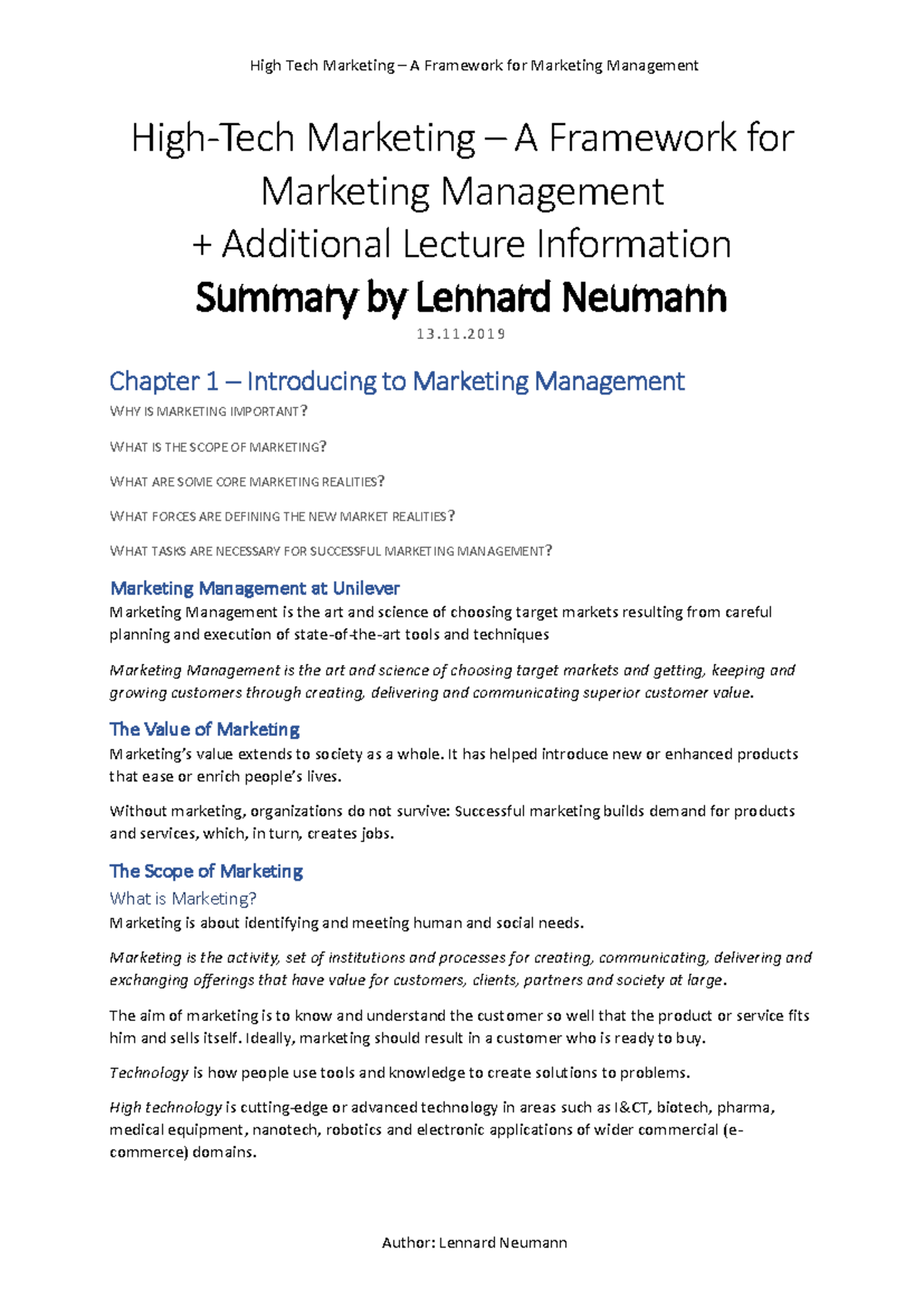 High-Tech Marketing Summary: Lecture Notes & Insights (Course Code ...