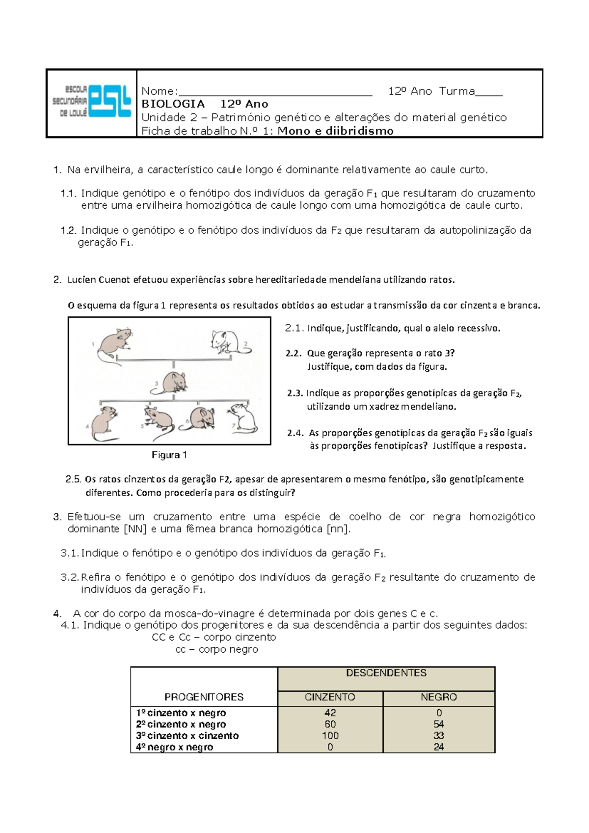 12º Ano BIOLOGIA: Ficha de Trabalho N.º 1 sobre Mono e Dibridismo - Studocu