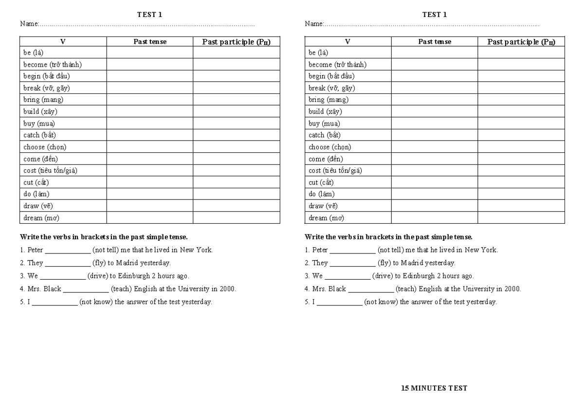 TEST 1: Past Tense and Past Participle Practice - Studocu
