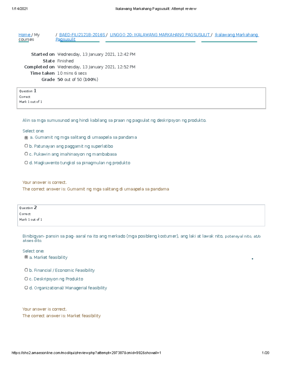 FILI2121B-2016 S Pagsulat sa Filipino 2nd Quarter Exam (Score: 50/50 ...