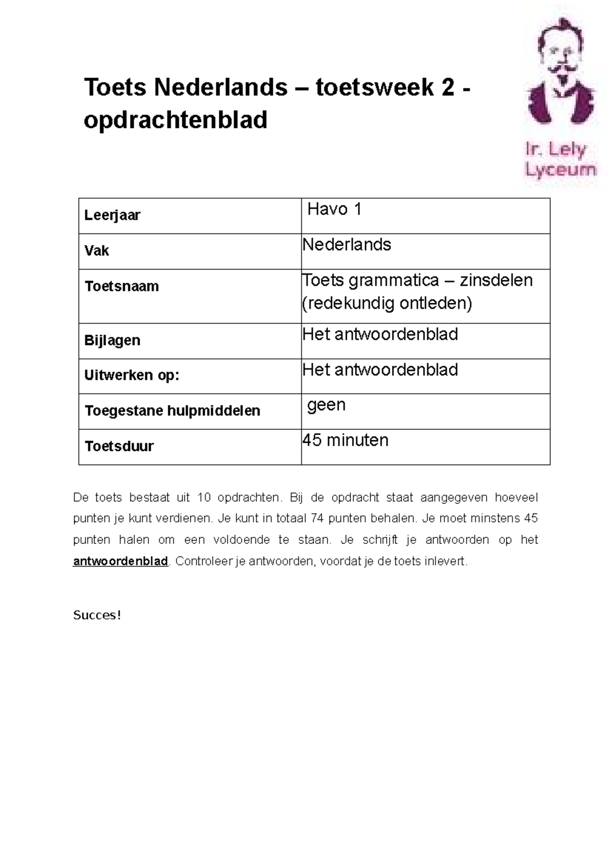 Havo 1 - Toets grammatica zinsdelen - Toetsweek 2 Opdrachten - Studeersnel