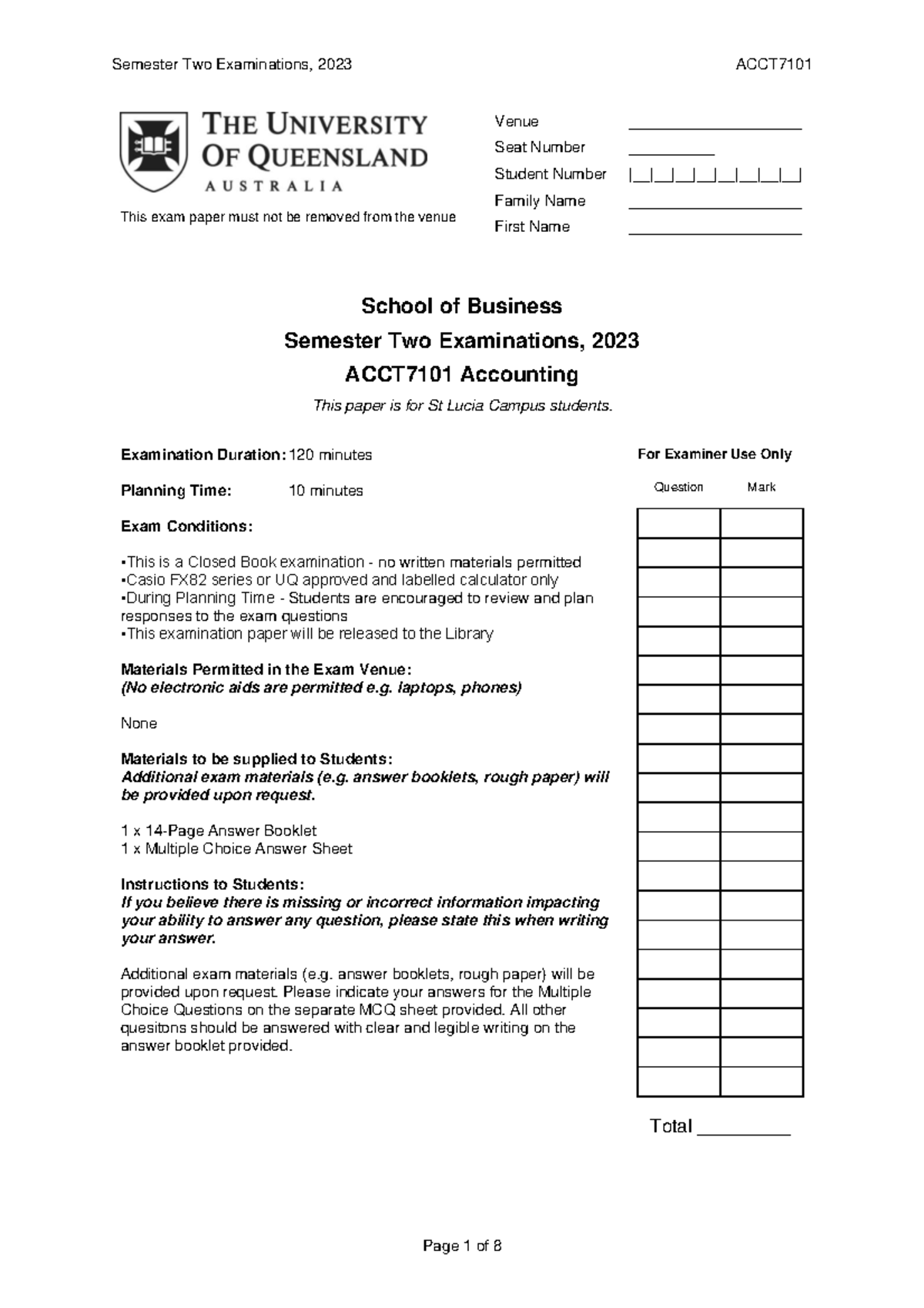 2023 Semester Two Exam Paper for ACCT7101 Accounting - Studocu
