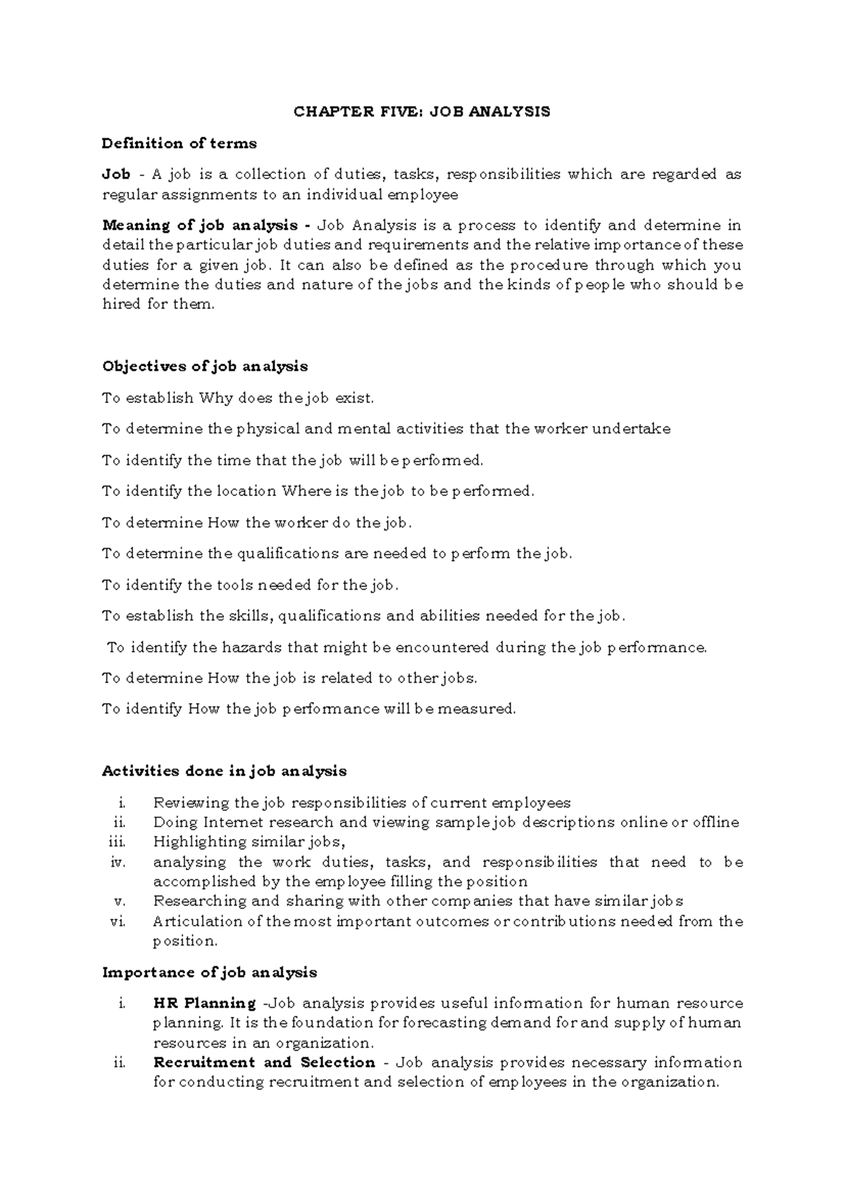CHAPTER 5: JOB ANALYSIS - Definition, Objectives, and Process - Studocu