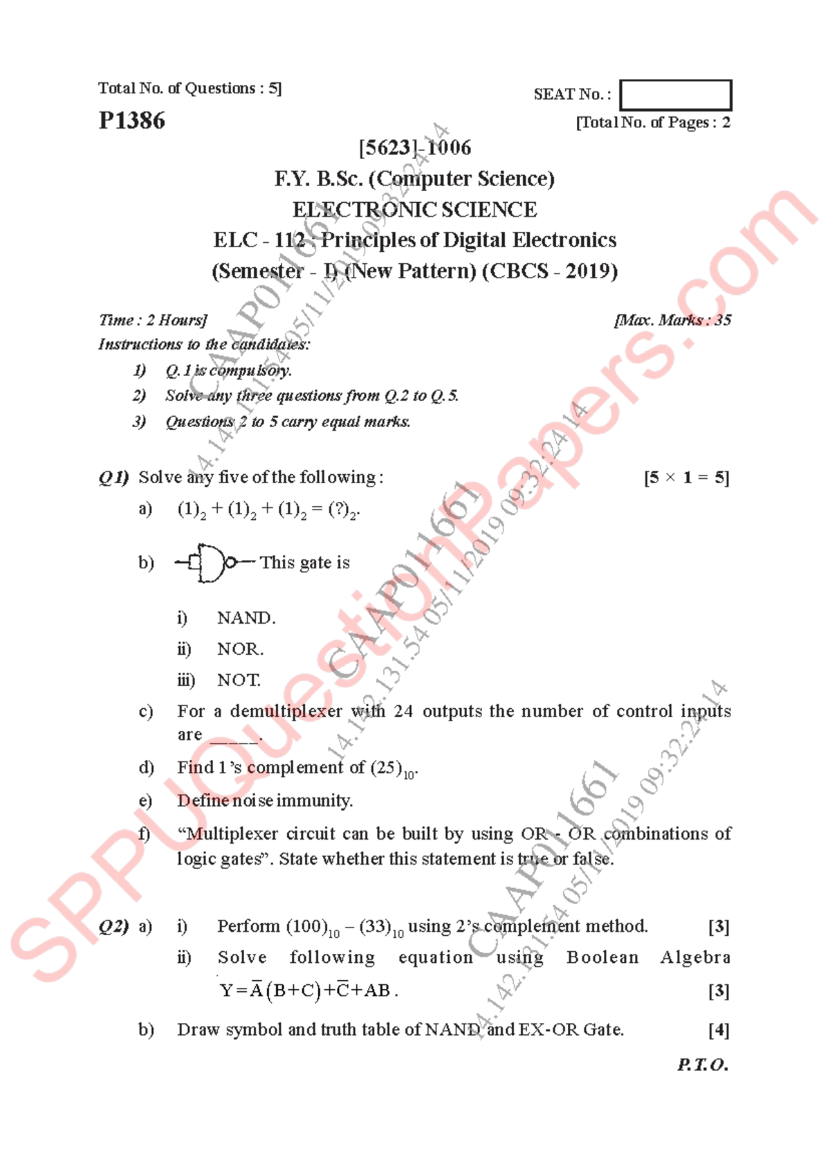B.Sc. (CS) ELC 112: Principles of Digital Electronics Exam Nov 2019 ...