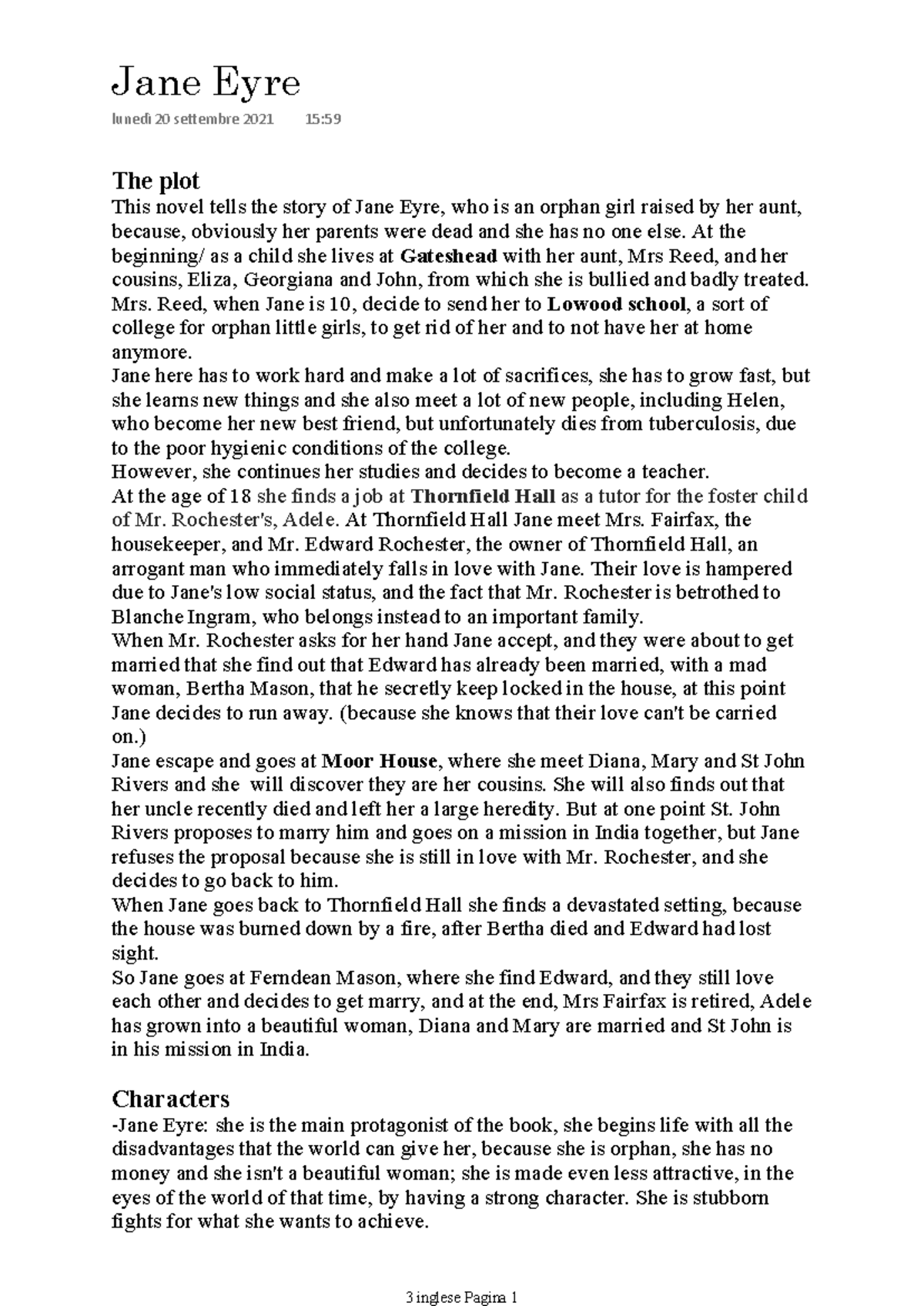 Jane Eyre (ENG101) - Comprehensive Plot Summary and Character Analysis ...