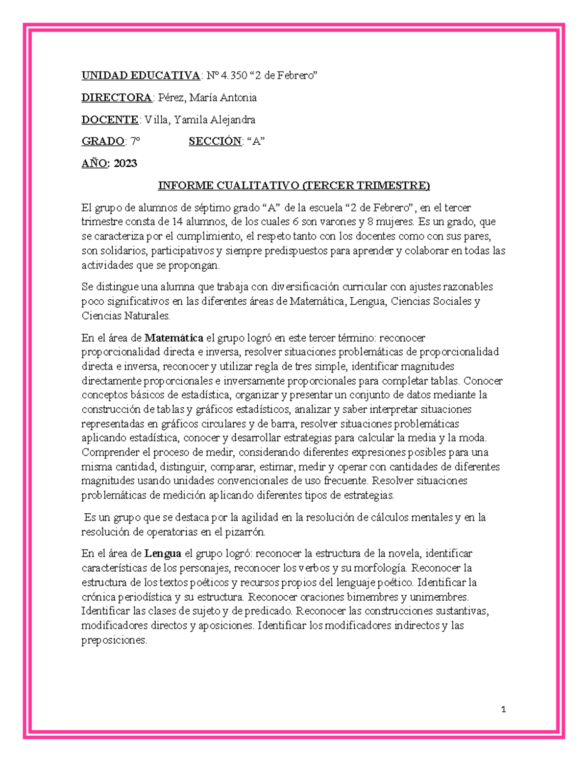 Informe Cualitativo Tercer Trimestre 7º Grado - Unidad Educativa Nº 4. ...