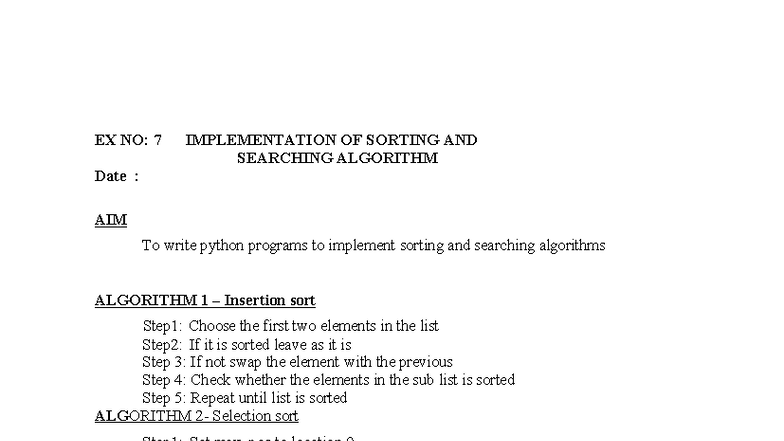 Lab Experiment: Implementation of Sorting & Searching Algorithms (CS101) - Studocu