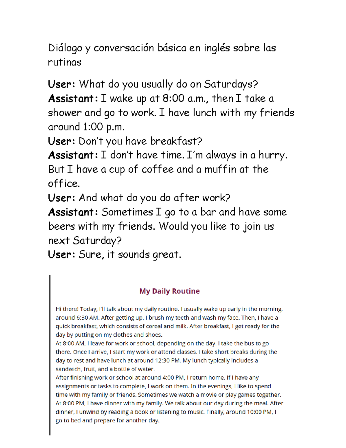 Diálogo en inglés: Rutinas cotidianas y conversación básica - Studocu