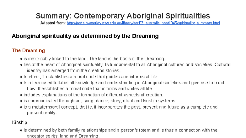 Summary of Contemporary Aboriginal Spiritualities: The Dreaming and ...