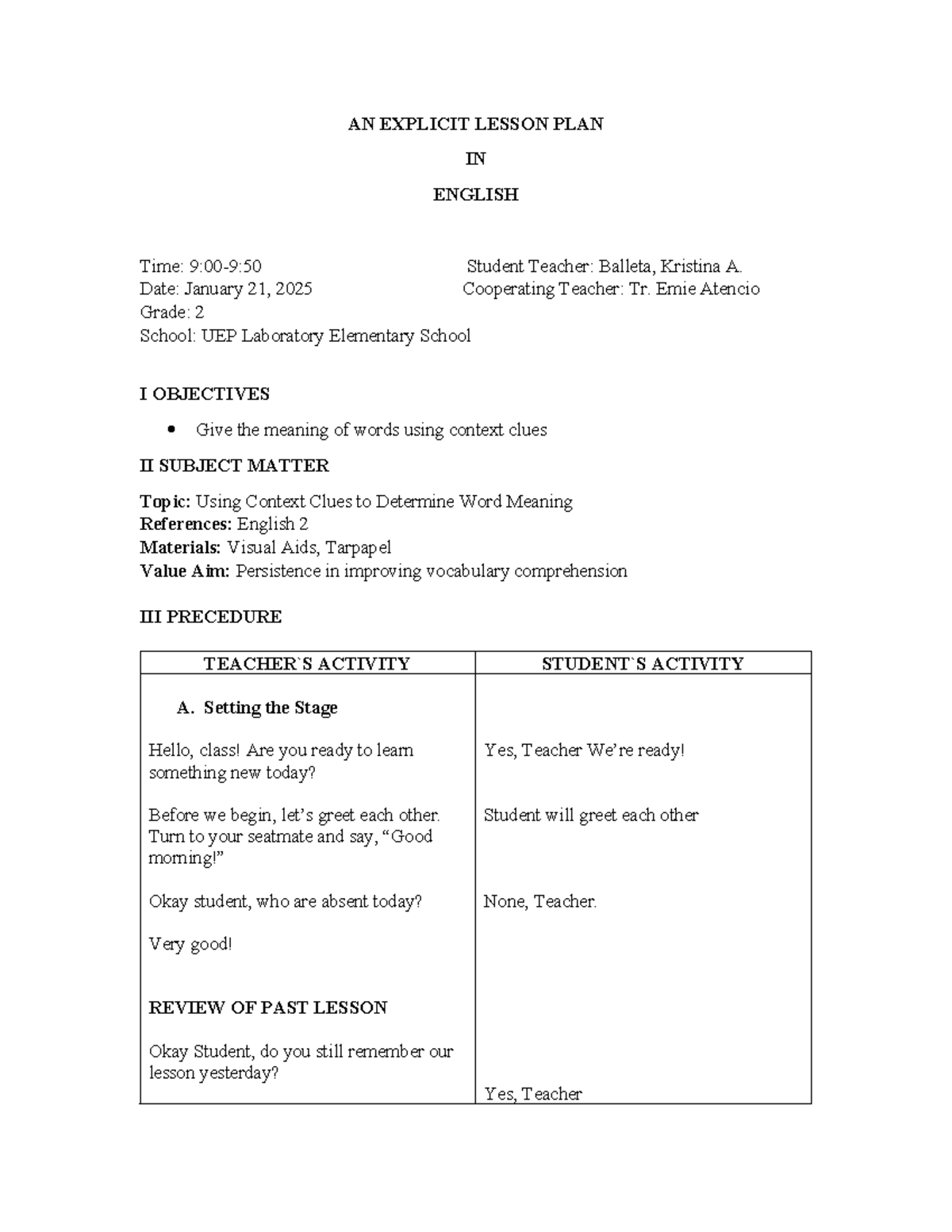 Explicit Lesson Plan for English 2: Context Clues Strategies - Studocu