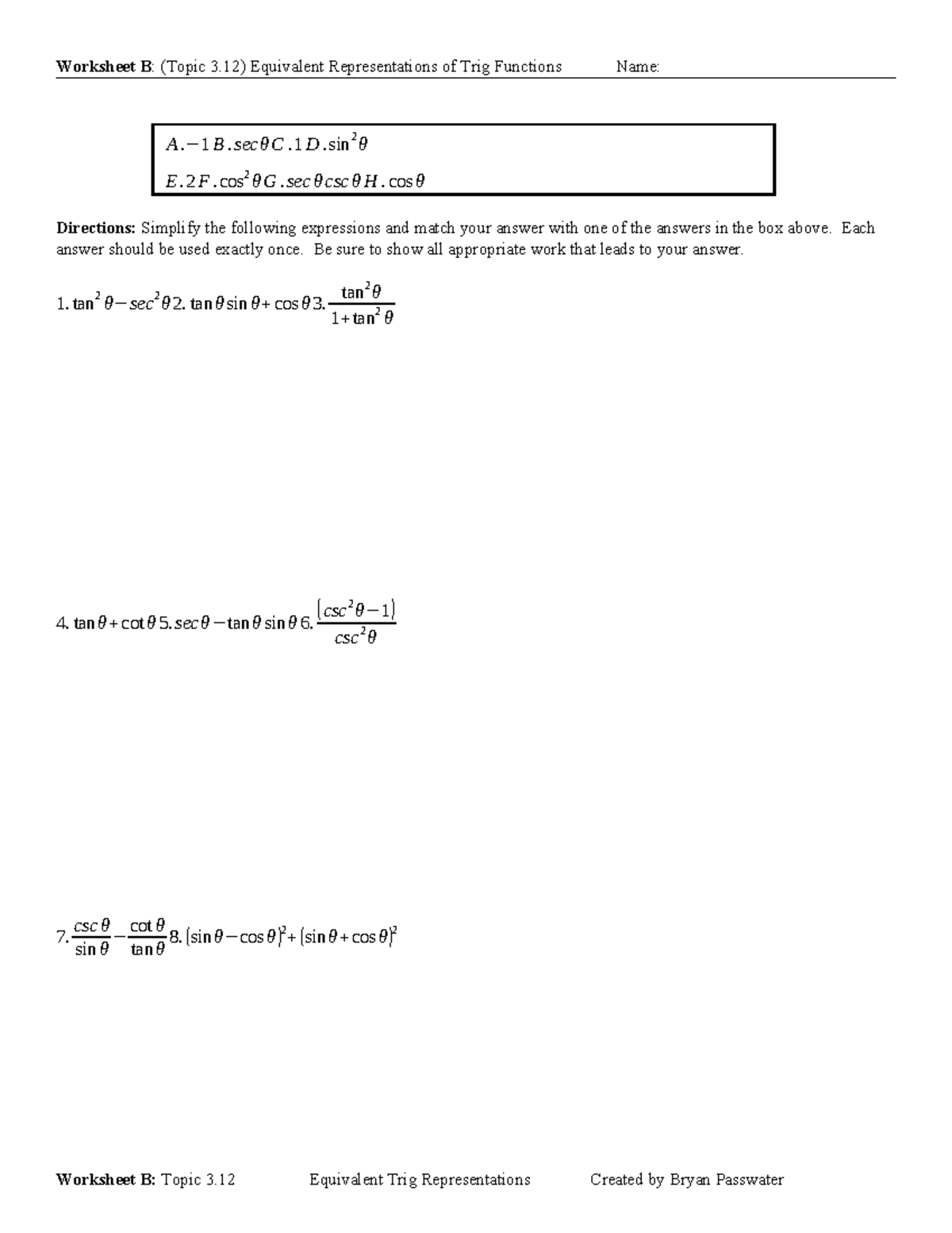 Worksheet B: Topic 3.12 - Equivalent Trig Function Representations ...