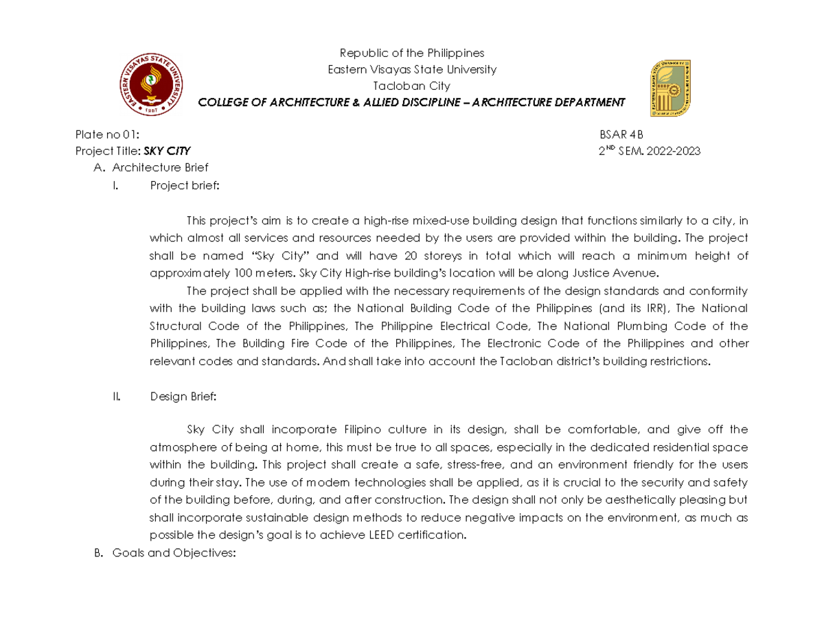 Sky City Architectural Programming: Design Brief & Objectives (BSAR 4B) - Studocu