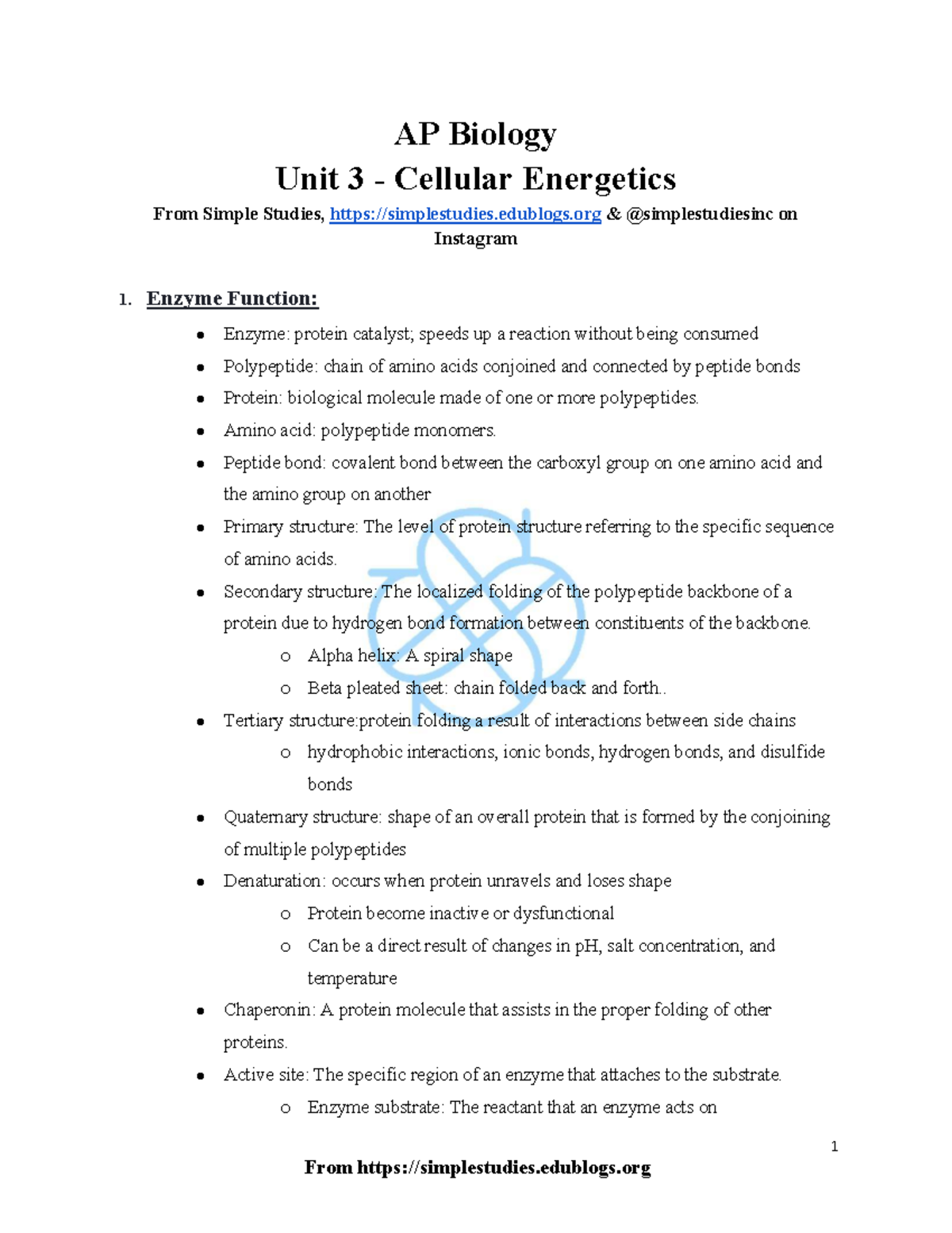 AP Biology Unit 3 Study Guide: Cellular Energetics Overview - Studocu