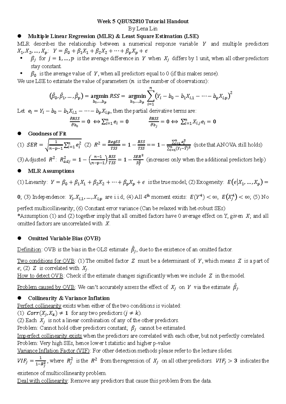 Week 5 QBUS2810 Tutorial: MLR, LSE & Key Statistical Concepts - Studocu