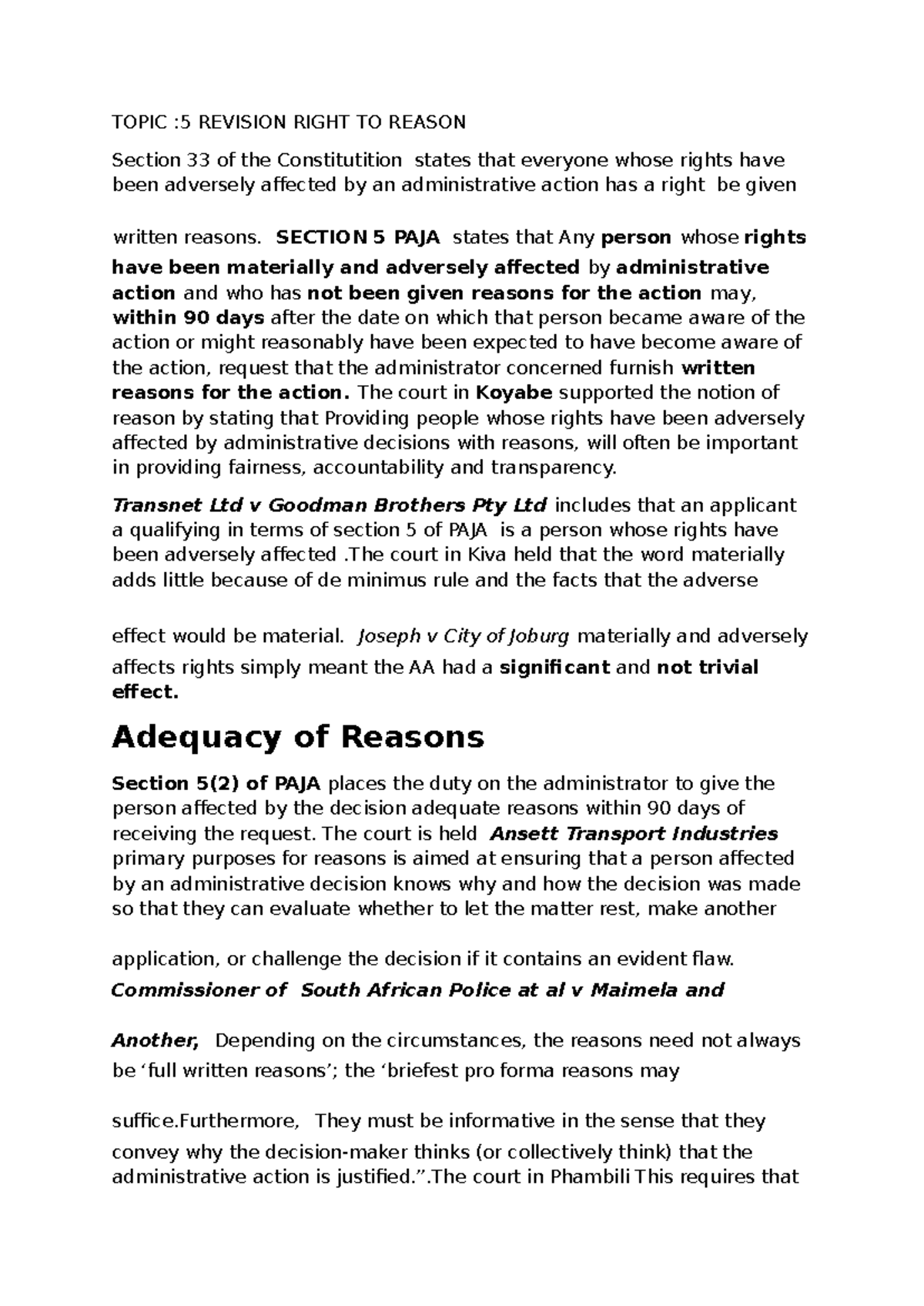 Right to Reasons Revision: Understanding Section 5 of PAJA - Studocu
