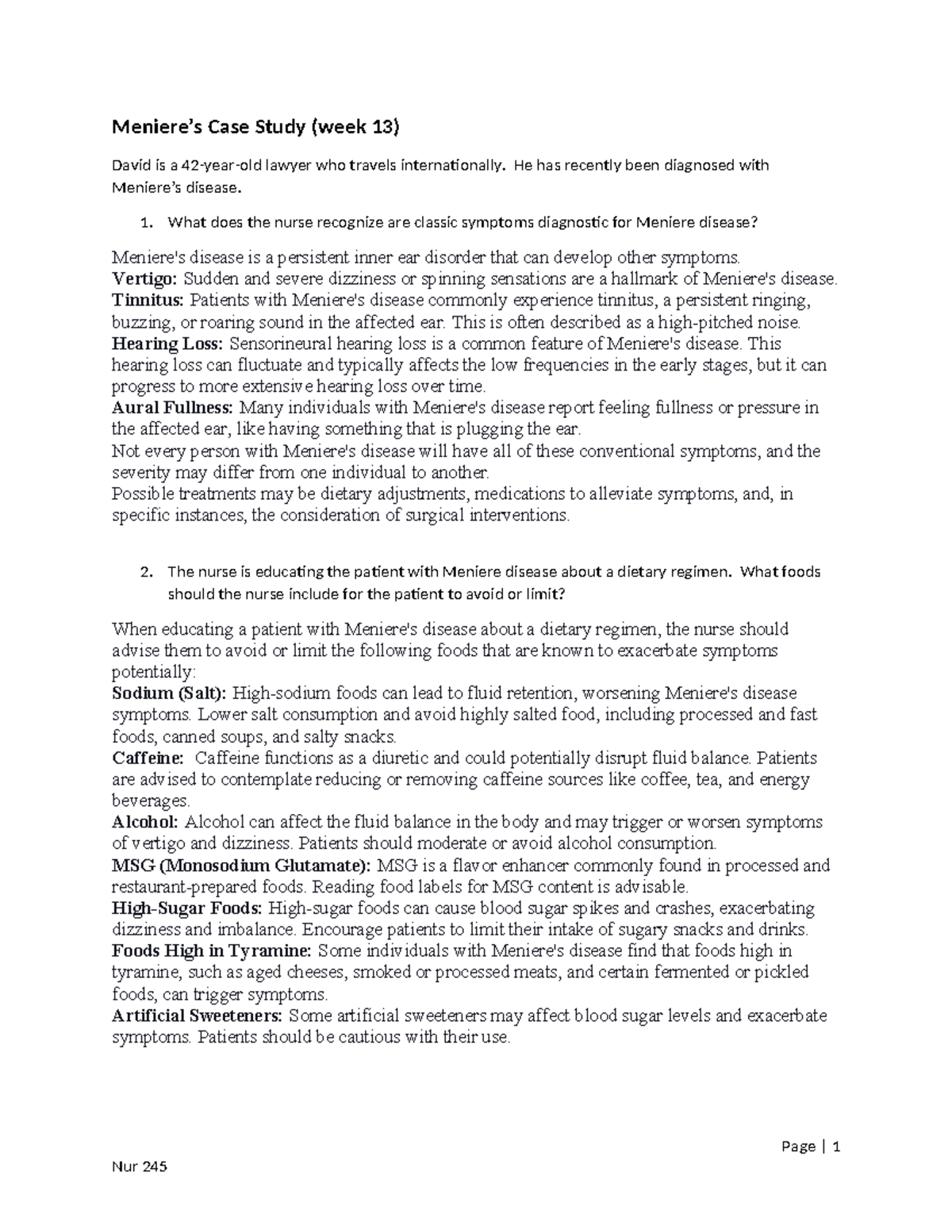 Week 13 Meniere's Disease Case Study: Symptoms & Dietary Advice - Studocu