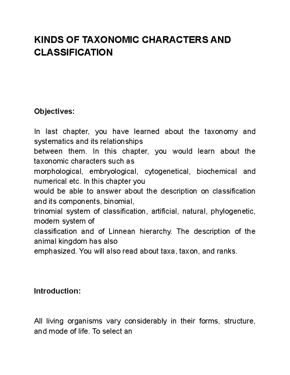 Taxonomic Characters and Classification in Biology (Genetics) - Studocu